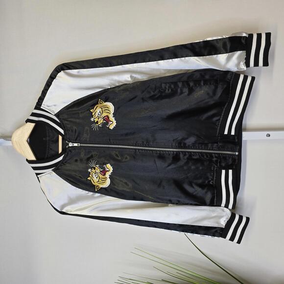 Jackets & Coats | Vintage Black White Poly Satin Bomber Jacket Tiger ...